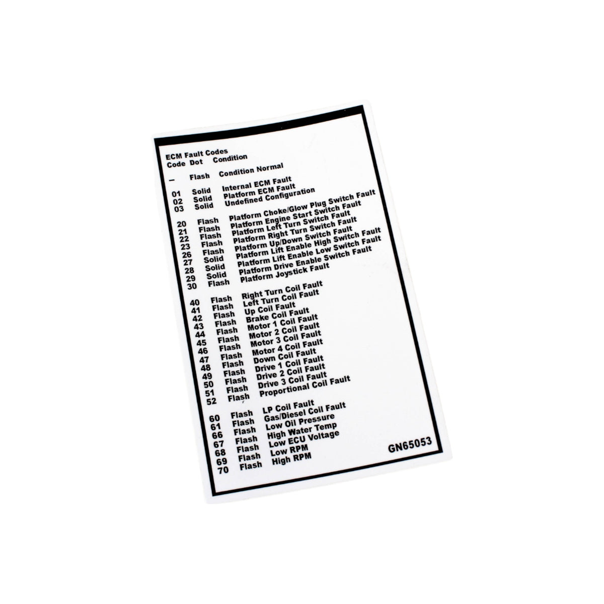 GENIE 65053 - DECAL, ECM FAULT CODES | RSW Parts