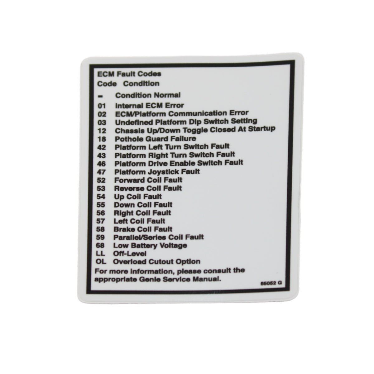 "GENIE 65052GN - DECAL, FAULT CODES | RSW Parts"